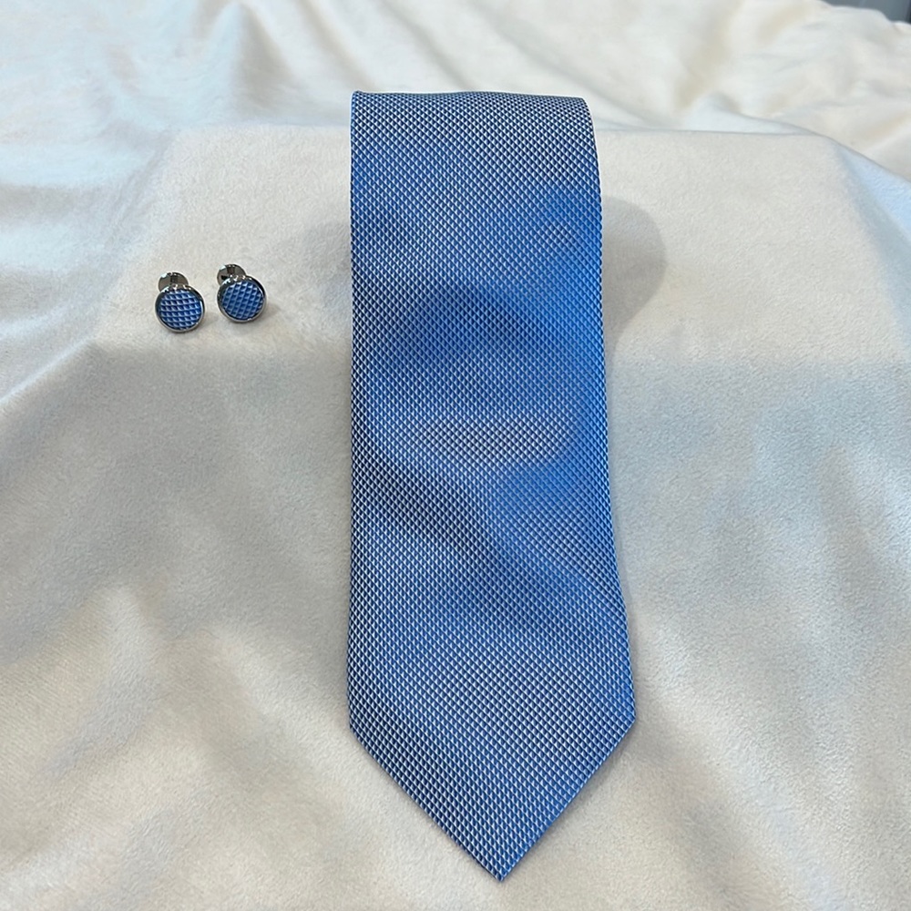 Valerio Garati Blue And Silver Tie 100% Silk And Cuff… - Gem